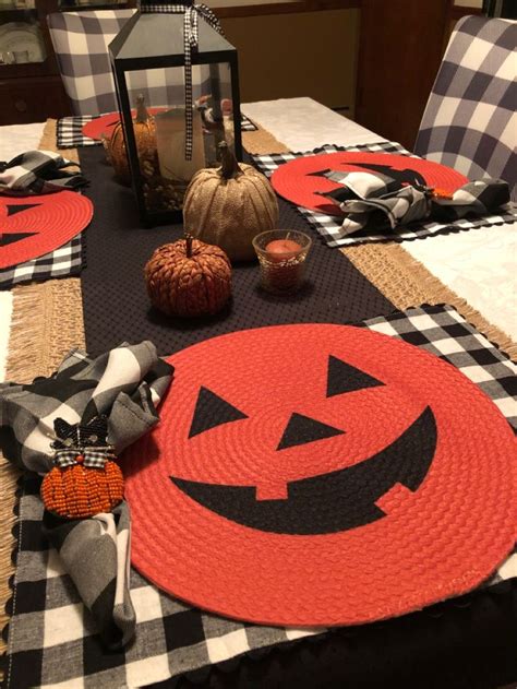 Halloween Table Decor With Pumpkins And Checkered Placemats Halloween