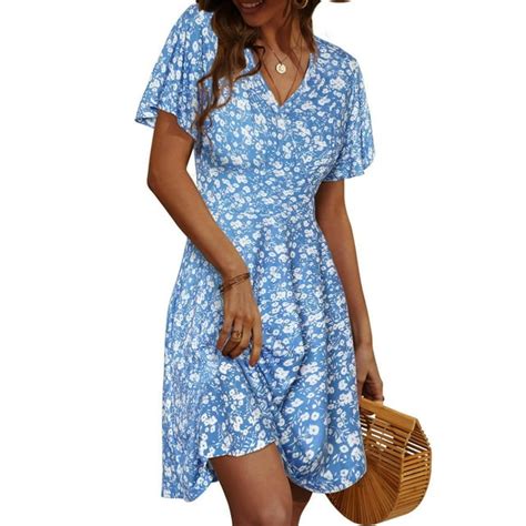 Uvn Summer Dresses For Women Short Sleeve V Neck A Line Midi Dress Boho