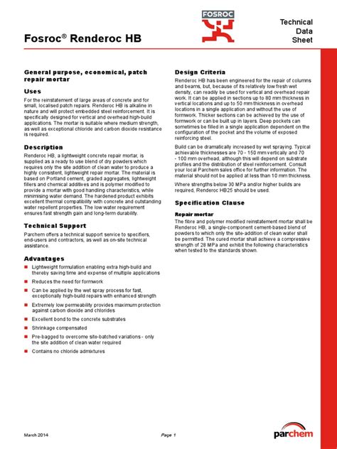 Fosroc Renderoc Hb Technical Data Sheet Pdf Concrete Corrosion