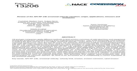 Pdf Review Of The Api Rp 14e Erosional Velocity Equation