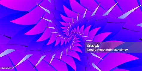 파란색 그라데이션과 그림자가 있는 다양한 크기의 줄무늬 체적 흰색과 보라색 삼각형의 나선형의 추상적인 특이한 수평 와이드 그림