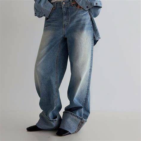 옷자락 여자 루즈핏 롱데님 롤업 와이드 힙한 논스판 청바지