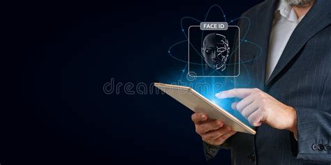 Man Using Tablet With Face Id Scan And Modern Technology Login Using