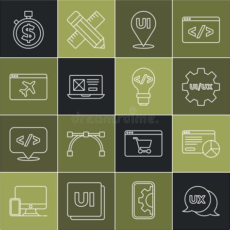 Set Line Ui Or Ux Design Website Statistic Template Time Money And