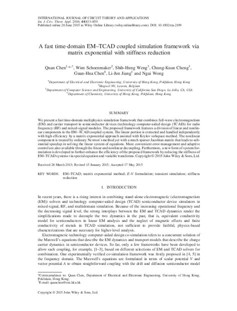 Pdf A Fast Time Domain Em Tcad Coupled Simulation Framework Via Matrix Exponential With