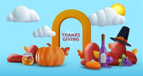 행복한 추수 감사절 휴일 배경입니다 호박 파이 순례자 모자 포도 와인 꿀을 사용한 디자인 구성을 배너 전단지 카드 포스터에 대한 3d 만화 스타일로 표현합니다 벡터 축하