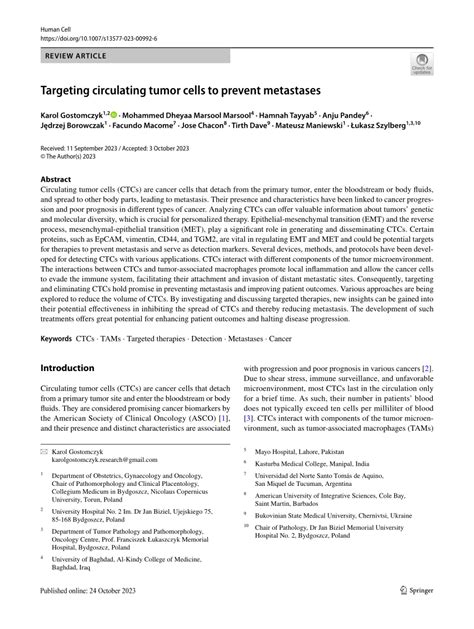 Pdf Targeting Circulating Tumor Cells To Prevent Metastases