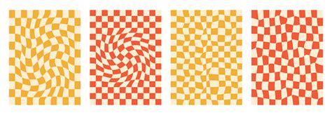 바둑판 배경 세트입니다 사이키델릭 체커 포스터 템플릿 빈티지 왜곡 된 그리드 및 줄무늬 Y2k 수직 텍스처 벡터 장난스러운 평면 기하학적 물결 모양 모자이크 배경 1970