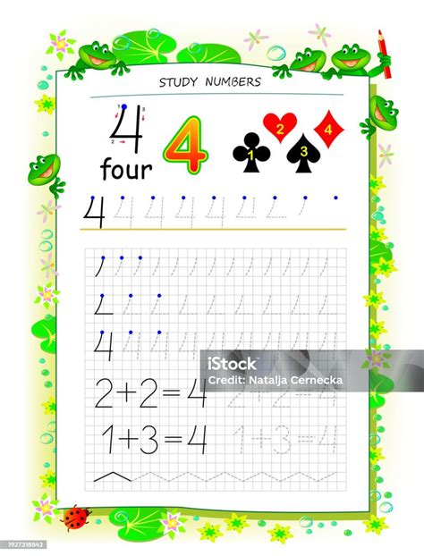 숫자 4가 있는 어린이를 위한 정사각형 종이에 교육 페이지 어린이 교과서를 위한 인쇄 가능한 워크시트 계산 쓰기 및 추적 기술 개발 아기 책 학교로 돌아 가기 벡터