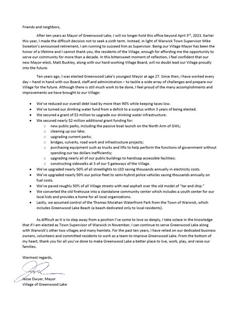 Farewell From Mayor Jesse Dwyer Village Of Greenwood Lake Ny