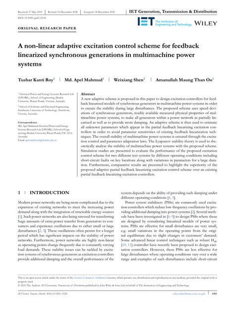 Pdf A Nonlinear Adaptive Excitation Control Scheme For Feedback Linearized Synchronous