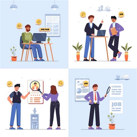 Job Fair Hand Drawn Flat Composition Set Premium Vector