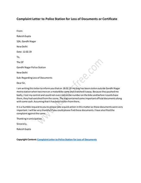Complaint Letter To Police Station For Loss Of Documents Pdf