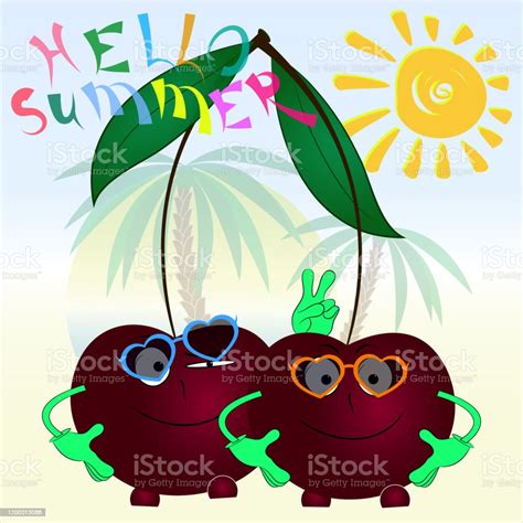 두 체리와 안녕하세요 여름 포스터 만화 벡터 일러스트레이션 여름 시간 벡터 포스터 일러스트 안녕하세요 여름 벡터 그림 과일에 대한 스톡 벡터 아트 및 기타 이미지 Istock