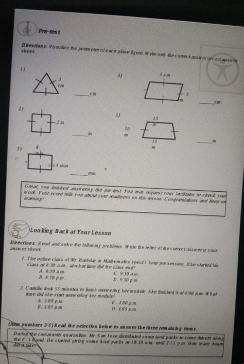 Solved Pre Test Sheet Directions Visualize He Perimeter Of Cach Plane Sigure Write Only The