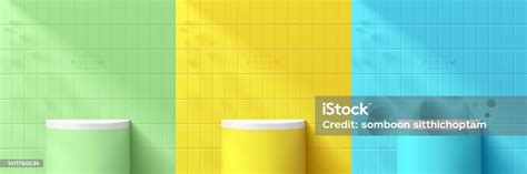 파스텔 노란색 파란색 녹색 벽 장면에 잎 그림자 오버레이가있는 사실적인 3d 실린더 스탠드 연단 세트 모형 제품 디스플레이를위한