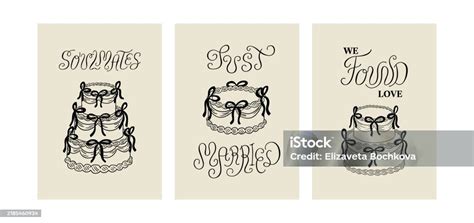 리본이 있는 웨딩 케이크와 함께 휴일 인사말 카드 세트 벡터 평면 그림 케이크 와 손으로 그린 서예 따옴표 개체 그룹에 대한 스톡 벡터 아트 및 기타 이미지 Istock