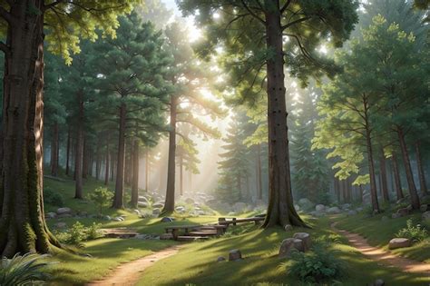 Premium Ai Image Forest Scene With Various Forest Trees