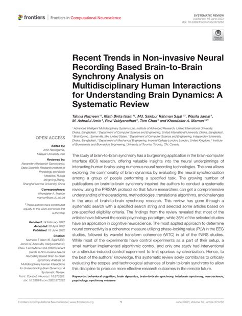 Pdf Recent Trends In Non Invasive Neural Recording Based Brain To Brain Synchrony Analysis On