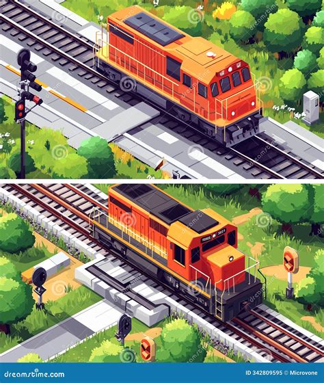 Rail Track Heavy Locomotive Waiting Signal Isometric Vector Scenes