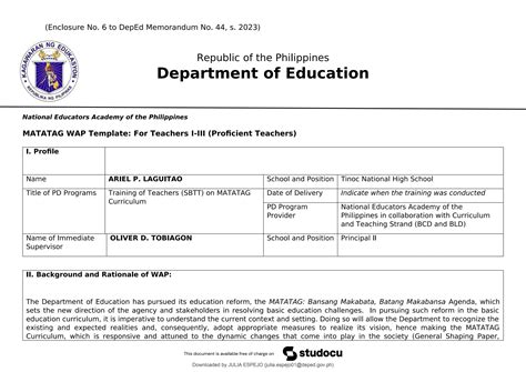 Sample Matatag Workplace Application Plan For Teacherspdf