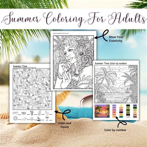 Summer Coloring Pages For Adults 4 Page Printable Pdf Bundle