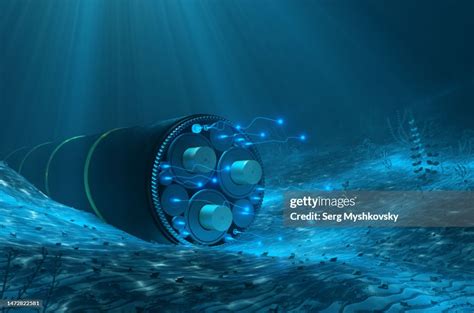 Closeup Of A Cutaway Undersea Cable With Glowing Fiberglass On The