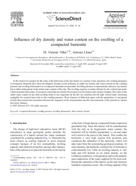 Pdf Influence Of Dry Density And Water Content On The Swelling Of A