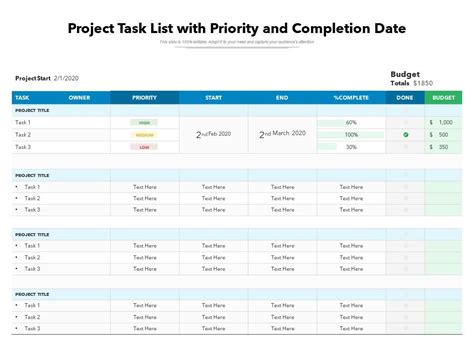 project task list with priority and completion date presentation