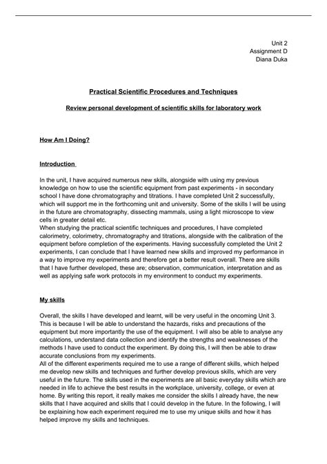 Btec Applied Science Unit 2 Assignment D Example