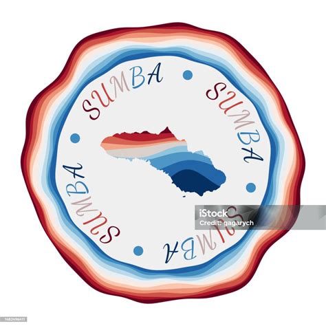 숨바 배지 아름다운 기하학적 파도와 생생한 빨강 파란색 프레임이 있는 섬의 지도 생생한 라운드 숨바 로고 벡터 그림입니다 남쪽에 대한 스톡 벡터 아트 및 기타 이미지