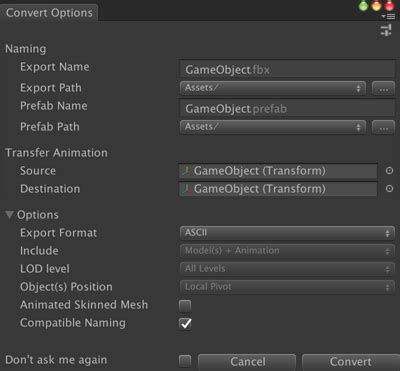 Convert Options For An FBX Linked Prefab