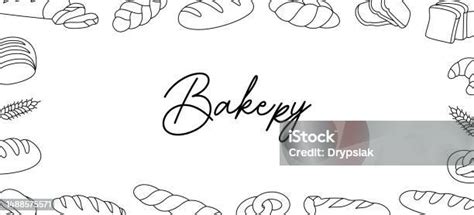 빵집 수평 윤곽선 배너입니다 빵과 생과자 메뉴 그림 통곡물 및 밀 빵 프레첼 치아바타 크루아상 프렌치 바게트 갈색 빵에 대한