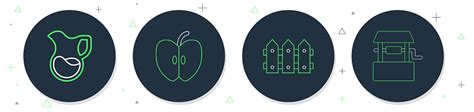 세트 라인 애플 정원 울타리 나무 우유와 잘 아이콘 주전자 유리 벡터 0명에 대한 스톡 벡터 아트 및 기타 이미지 0명 건강한 생활방식 건축물 Istock