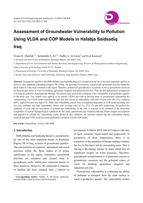 Pdf Assessment Of Groundwater Vulnerability To Pollution Using Vlda And Cop Models In Halabja