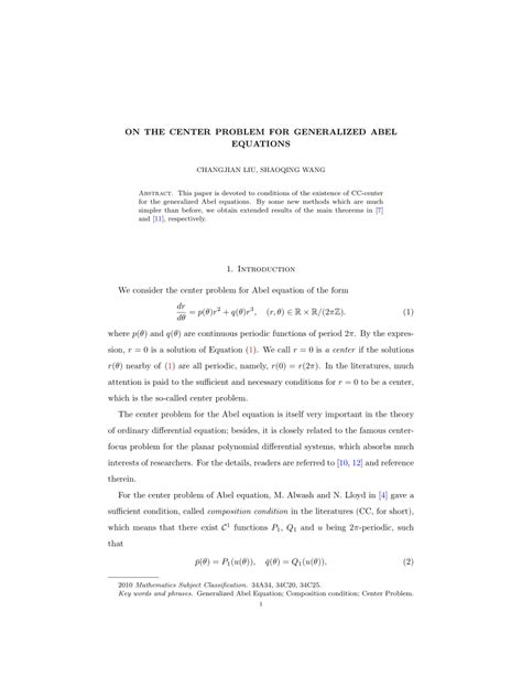 Pdf On The Center Problem For Generalized Abel Equations