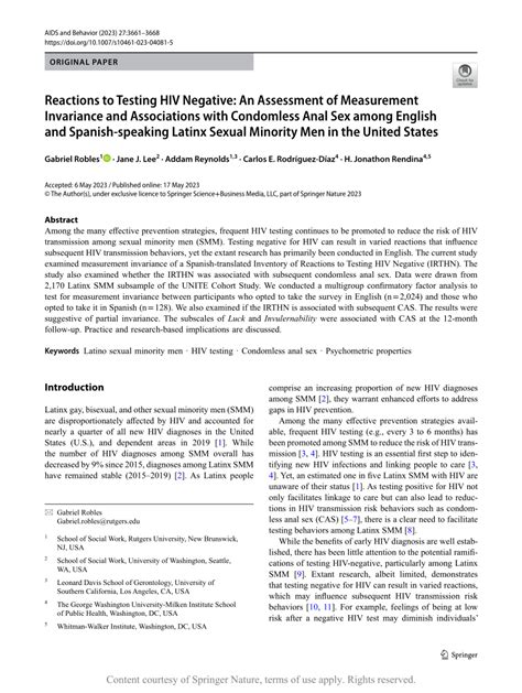 Reactions To Testing HIV Negative An Assessment Of Measurement Invariance And Associations With