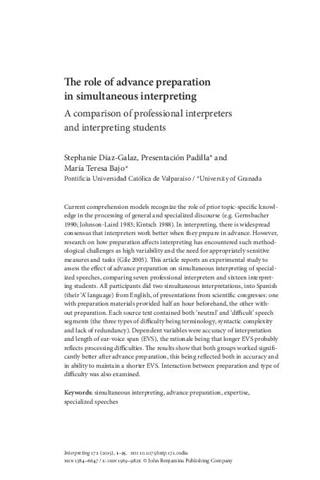 Pdf The Role Of Advance Preparation In Simultaneous Interpreting A Comparison Of Professional
