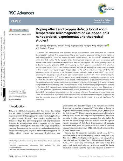 Pdf Doping Effect And Oxygen Defects Boost Room Temperature Ferromagnetism Of Co Doped Zno