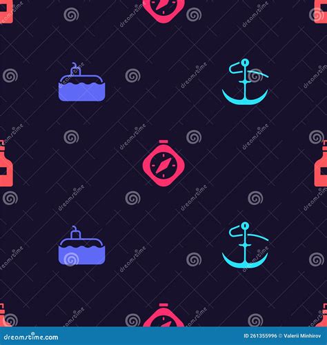 Set Anchor Submarine Compass And Rum Bottle On Seamless Pattern