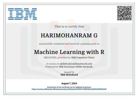 Completed Machine Learning With R Program At Ibm Harimohanram G
