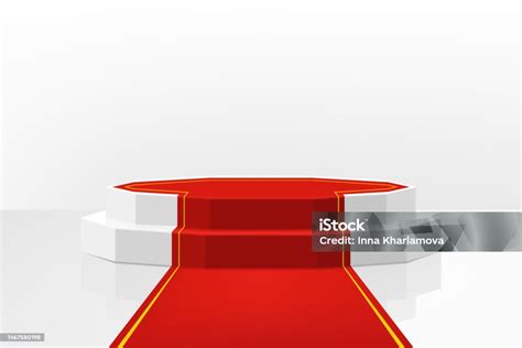 시상식을 위한 빨간색 경로가 있는 조명 무대 연단 현실적인 3d 벡터 일러스트 레이 션 Vip 유명인 라이프 스타일 개념 수상자 및 시상식을위한 무대 1위에 대한 스톡 벡터