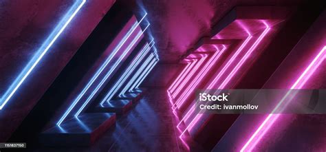 공상 과학 소설 네온 빛나는 생생한 자주색 파란 레이저 형광 관 모양 빛 사려깊은 구체적인 그런 지에 있는 우아한 현대 타일 복도 갱도 입구 3d 렌더링 0명에 대한 스톡