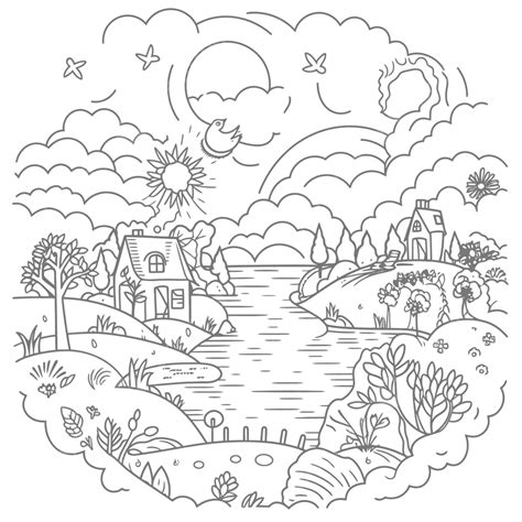 รูประบายสีระบายสีหน้าสีภูมิทัศน์ฤดูร้อนกับมหาสมุทรและภาพวาดร่างโครงร่างเรือ เวกเตอร์ Png วาด