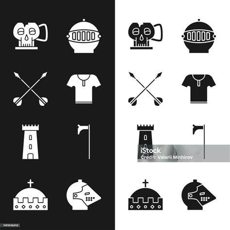 방탄복 중세 교차 화살 두개골 컵 철제 헬멧 천수각 도끼 왕관 아이콘을 설정합니다 벡터 강철에 대한 스톡 벡터 아트 및 기타 이미지 Istock