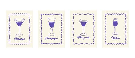 빈티지 우표 스타일의 손으로 그린 여름 칵테일 포스터 컬렉션 트렌디한 복고풍 벡터 세트 바 메뉴 인쇄 포장 초대장 또는 소셜 미디어 디자인 컴퓨터 글자에 대한 스톡 벡터