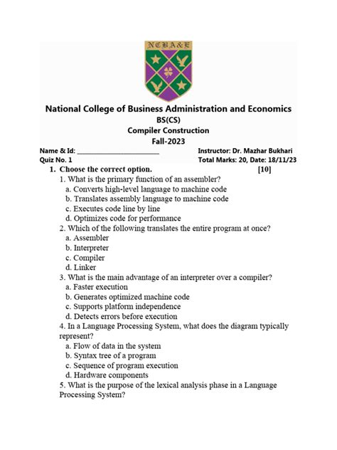 Cc Quiz No 1 Download Free Pdf Compiler Programming