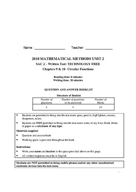 2018 Mathematical Methods 11mm Unit 2 Sac 2 Circular Functions Test