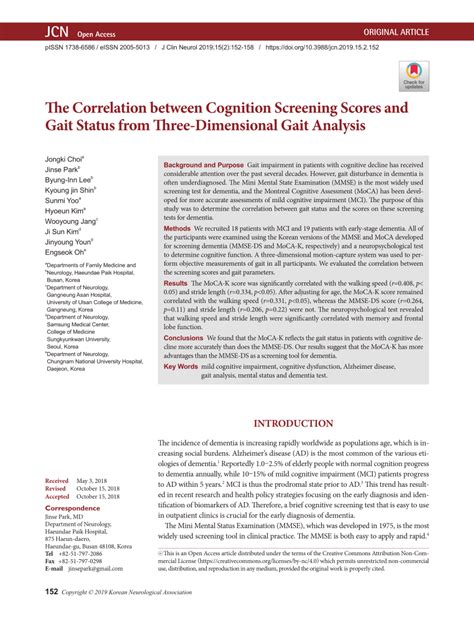 Pdf The Correlation Between Cognition Screening Scores And Gait Status From Three Dimensional