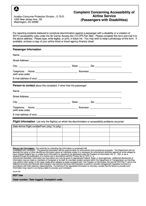Form 382 Complaint Concerning Accessibility Of Airline Service